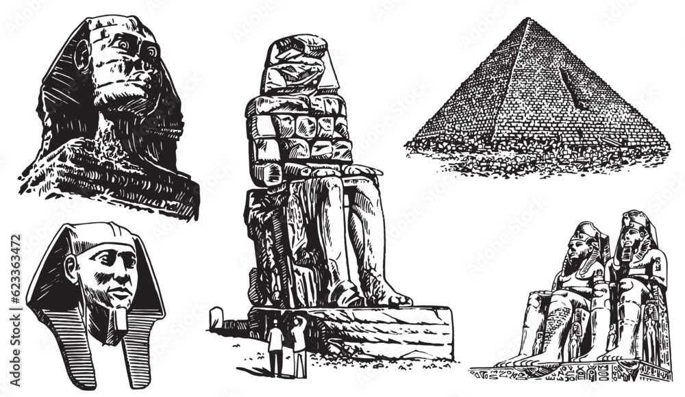 Graphical set of Egypt landmarks isolated on white, vector illustration ...