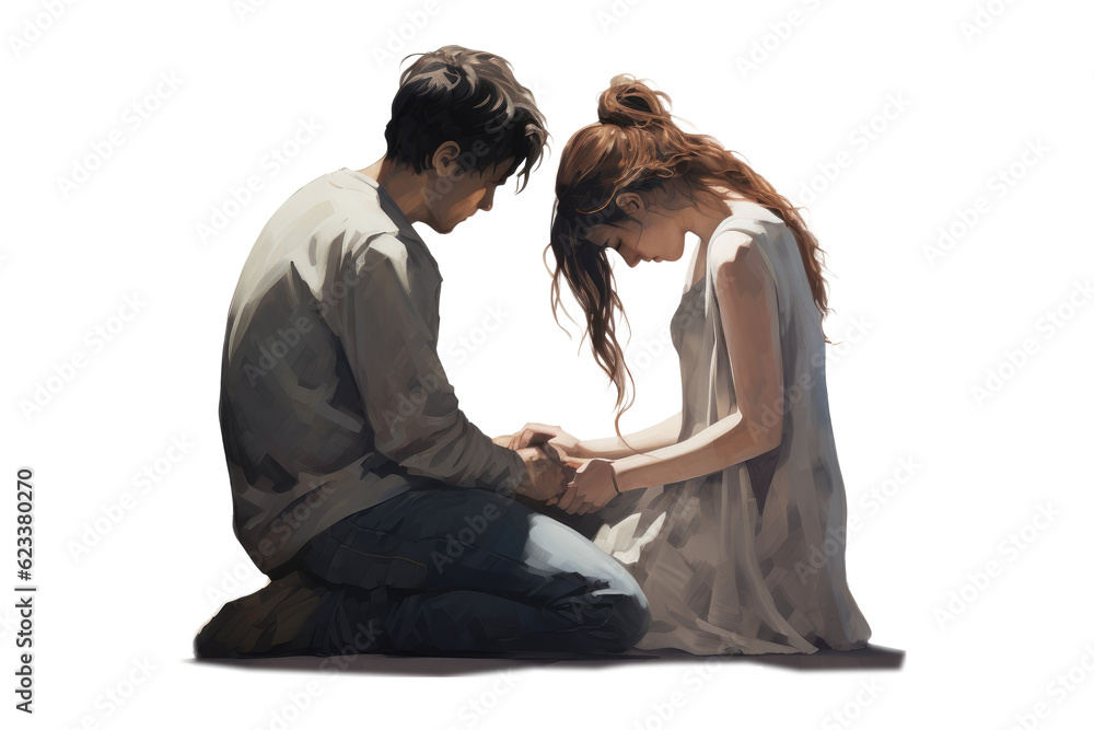 Sad couple sitting opposite each other holding hands, depression ...