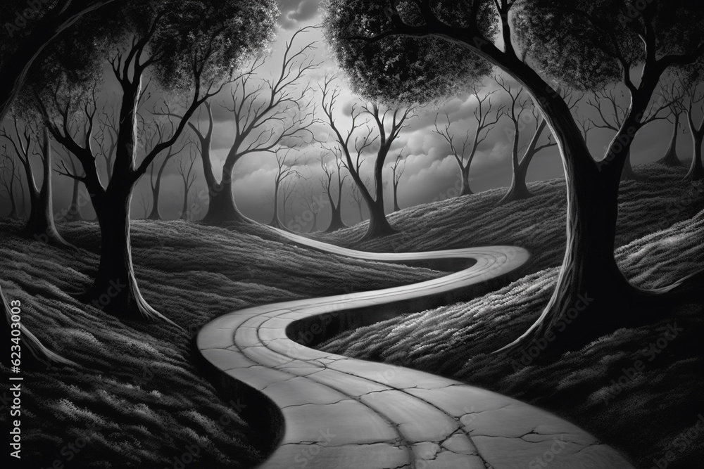 Path of life and decisions concept. Melancholic winding road with few ...