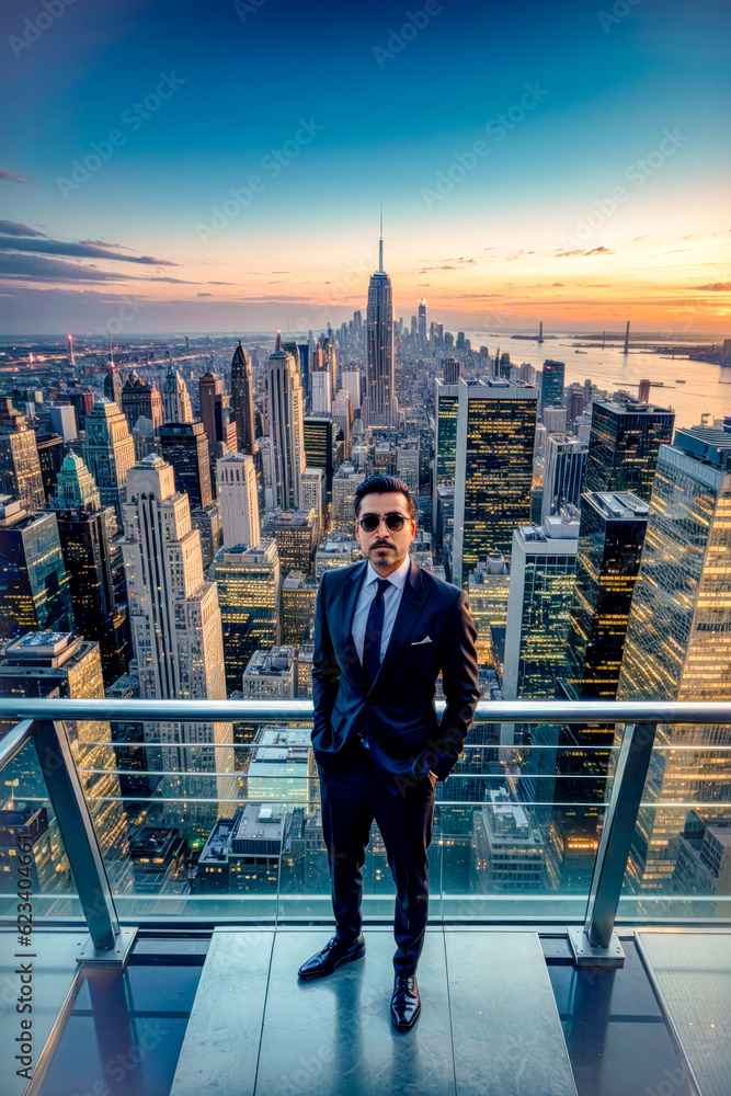 Manager CEO CFO President Stands on the Roof of a Skyscraper Symbolic ...