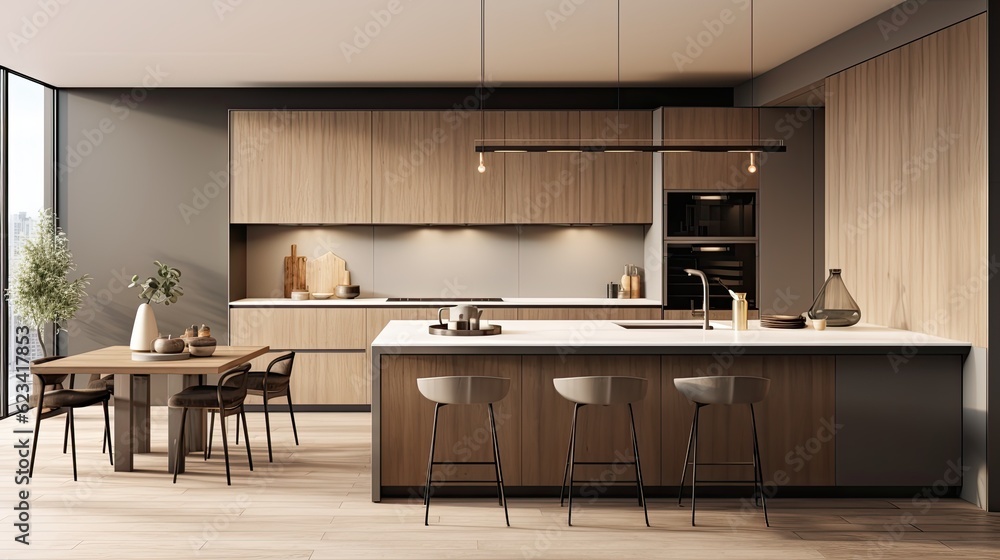 Sleek and modern kitchen with handleless cabinets, a waterfall island ...