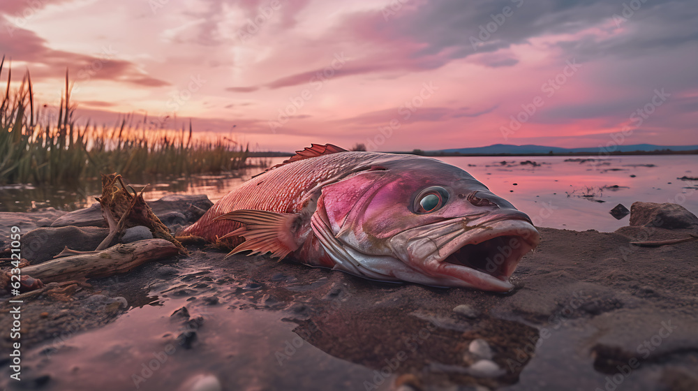 Bloated, dead, poisoned fish lies on the river bank, sunset pink ...