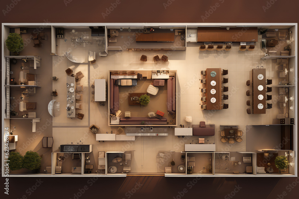 Top view of a visualization of the interior of an office space. 3d ...