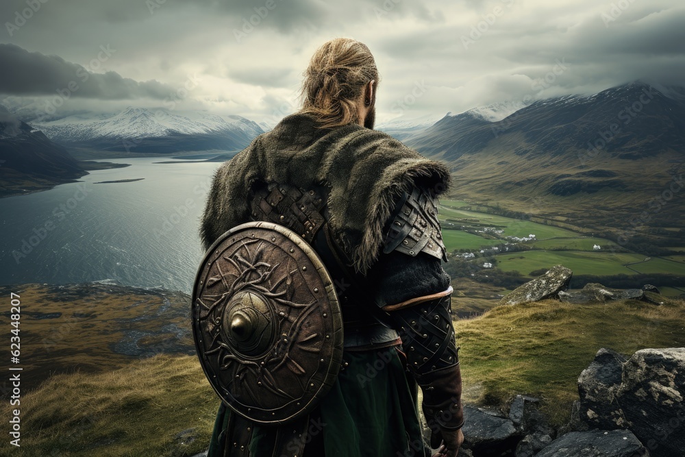 Viking warrior from the back with detailed armor, Nordic landscape in ...