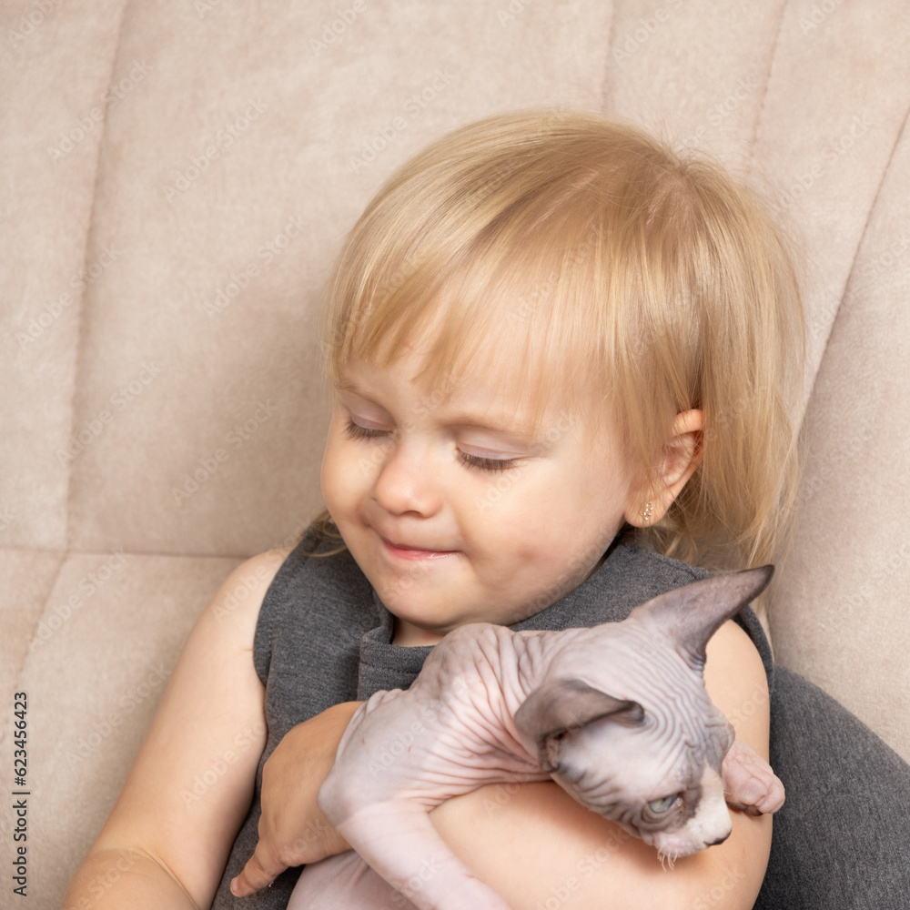 Cute little two-year-old girl hugging a Canadian Sphynx cat. Children's ...
