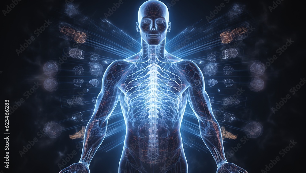 Healthcare, human body hologram with full body scan, bones, organs ...