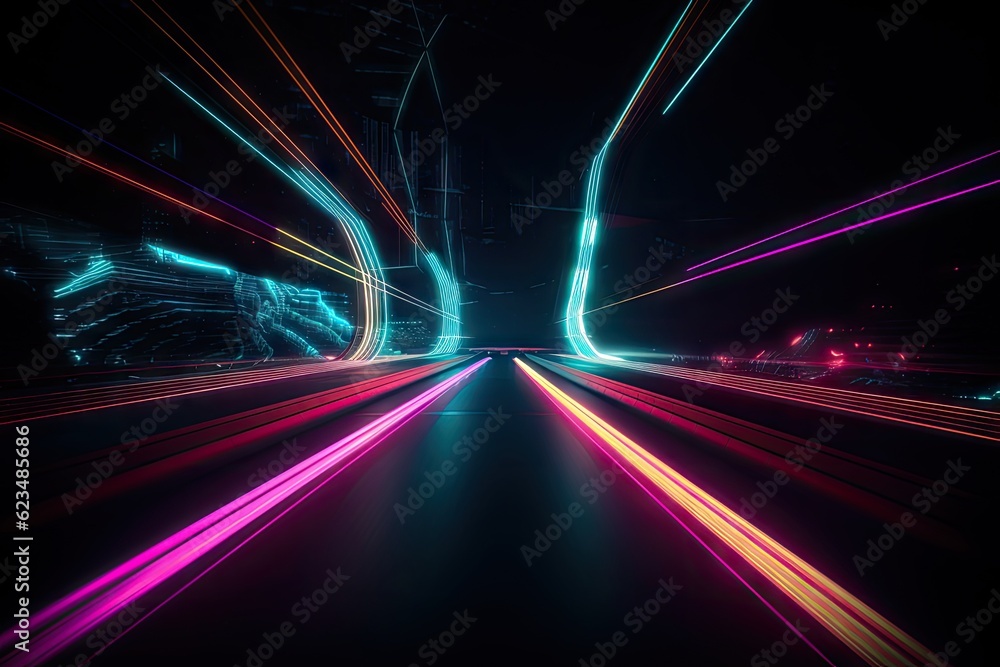 Neon Color Motion On Speedway. Scifi illustration with neon lights and ...