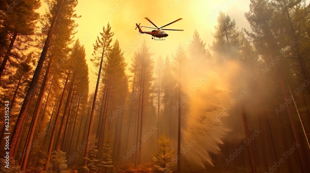 Fighting a forest fire from a helicopter. Natural deforestation ...