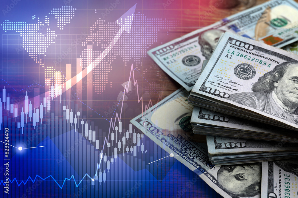 Foreign exchange market. Double exposure of money, digital currency ...