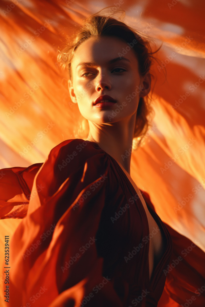woman/model in an illuminated setting reminding of sunlight with dancing ethereal movements in ...