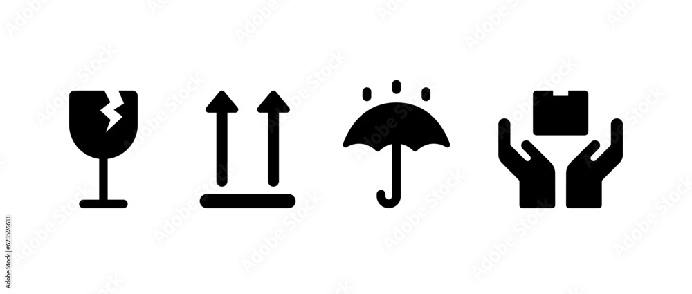 Fragile icon. Upward icon. Keep dry icon. Handle with care icon. Vector fragile symbols. Glass ...