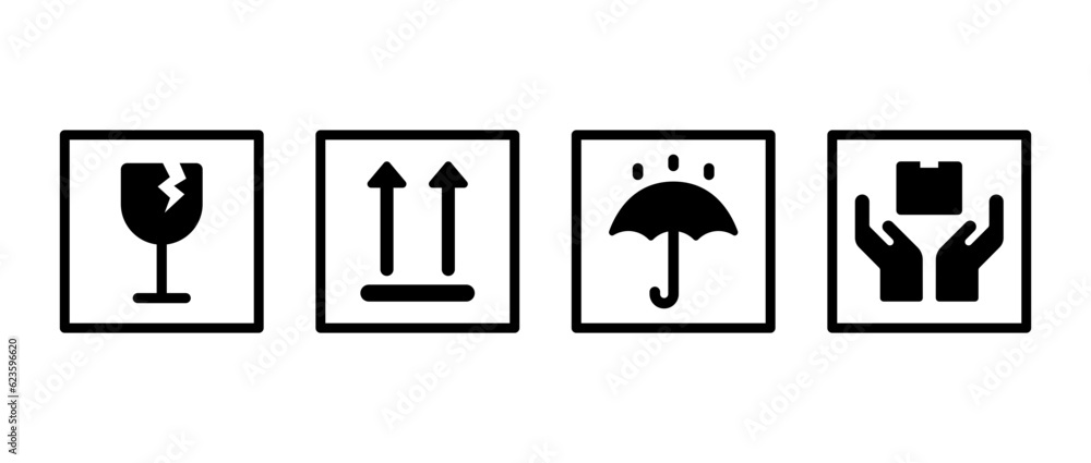 Fragile icon. Upward icon. Keep dry icon. Handle with care icon. Vector fragile symbols. Glass ...