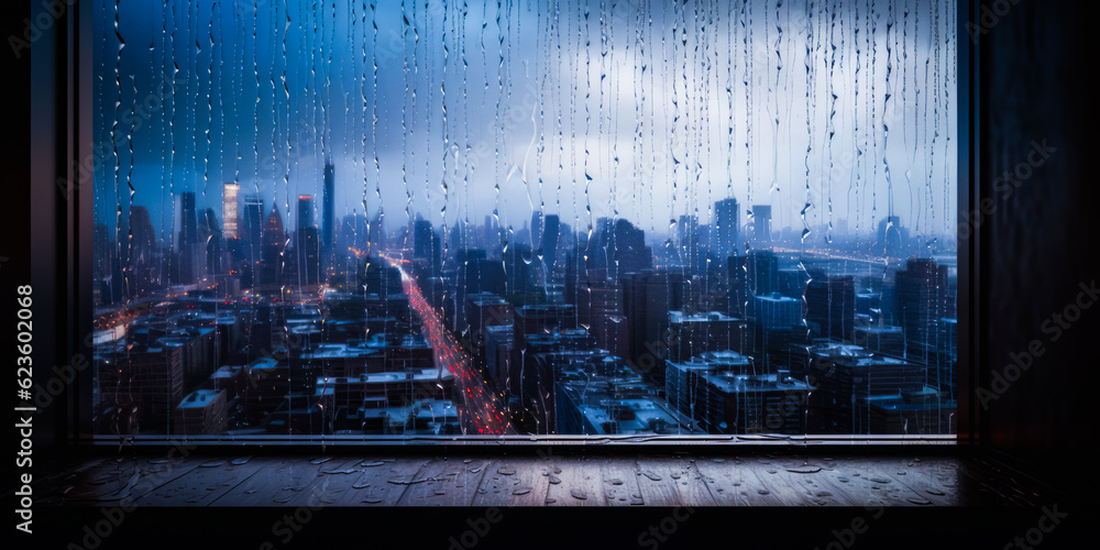 View through a rain splattered window onto a bleak city view with car lights and skyscrapers ...