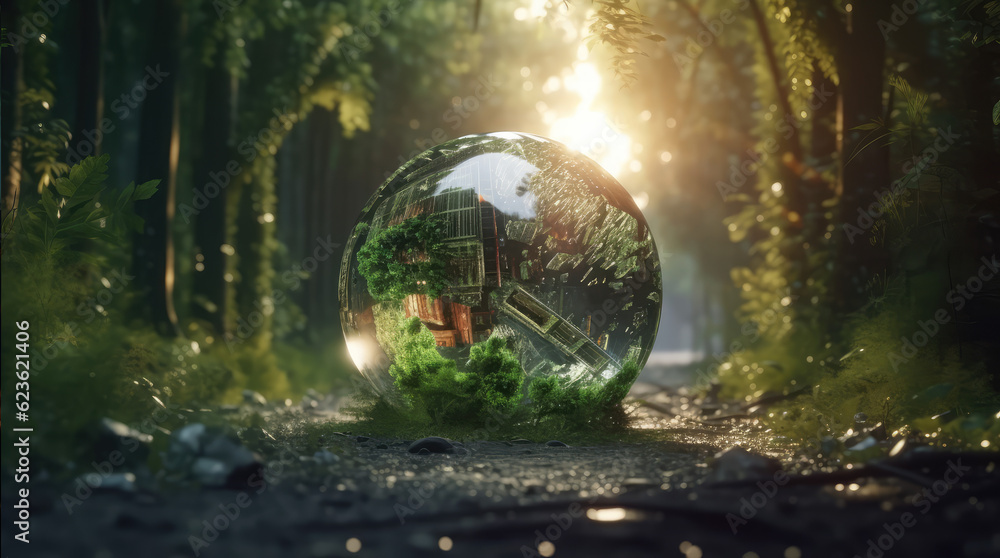 Foto de Stock a big crystal ball full of green trees with nature and ...