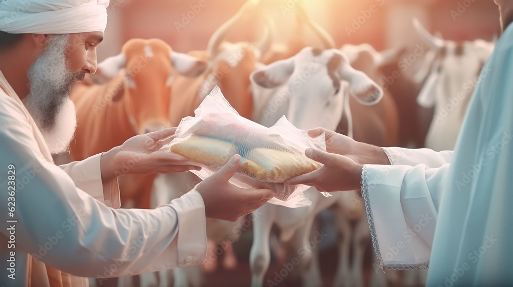 Muslim person giving alms or a plastic bag containing sacrificial meat ...