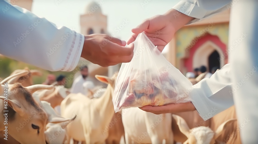Muslim person giving alms or a plastic bag containing sacrificial meat ...