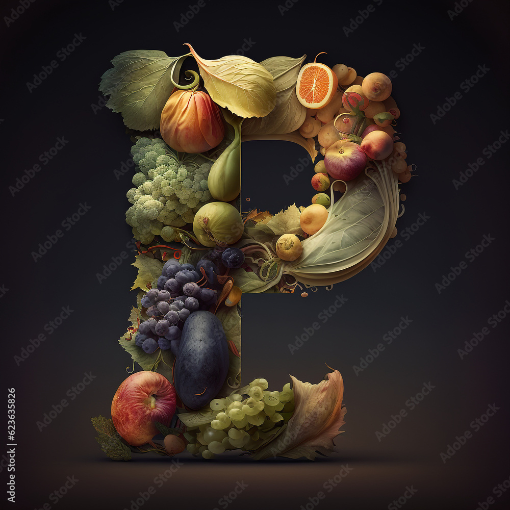 Capital letter P generated from fruit and vegetables. 3D render of ...