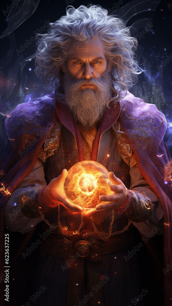 Powerful wizard with purple cloak and magic glowing fireball in his ...