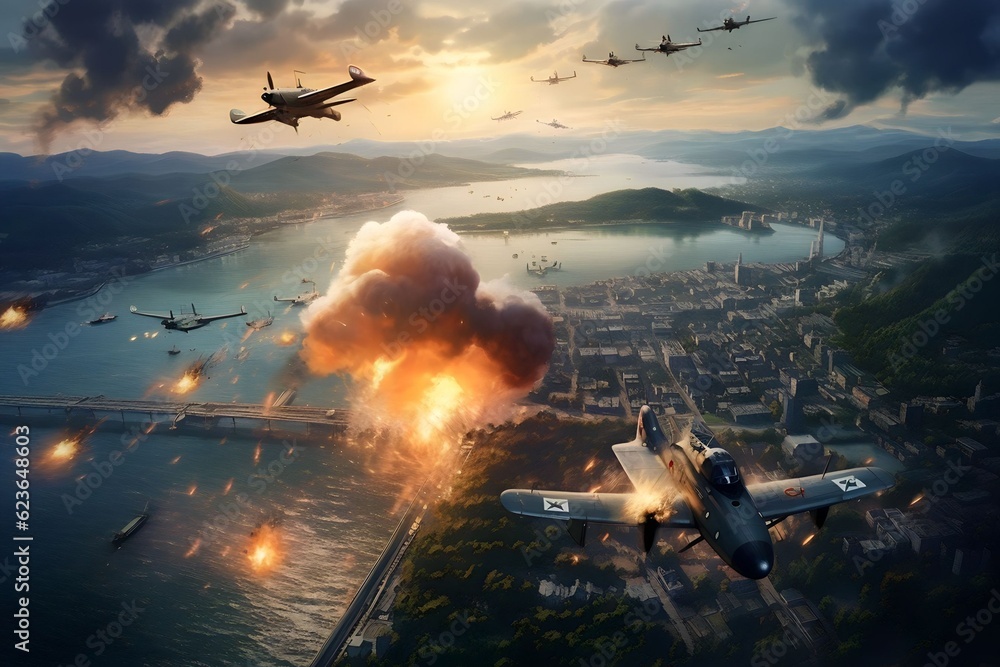 war planes shot each other and exploded in the sky in the world war II ...