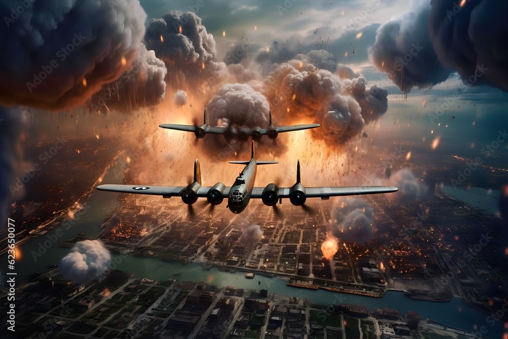 war planes shot each other and exploded in the sky in the world war II ...