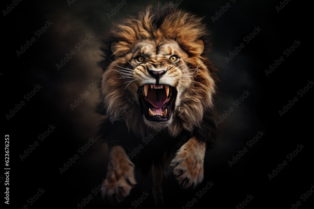 An angry lion with an open mouth. expression of anger. Portrait of a ...