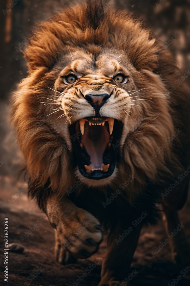 An angry lion with an open mouth. expression of anger. Portrait of a ...
