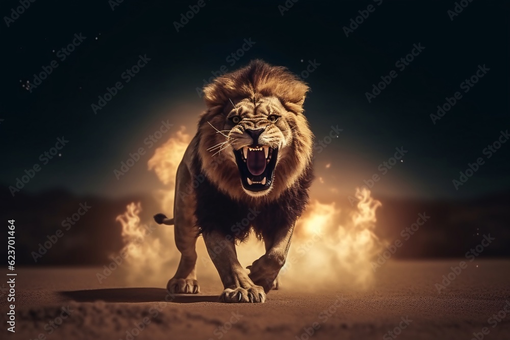 An angry lion with an open mouth. expression of anger. Portrait of a ...