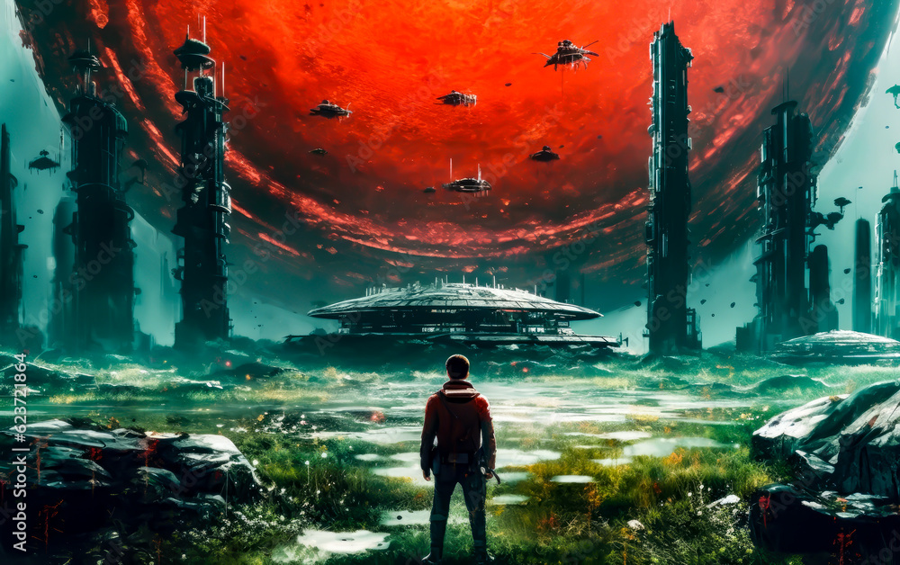 SCI Fi Wallpaper of a person looking towards alien ships in what looks ...