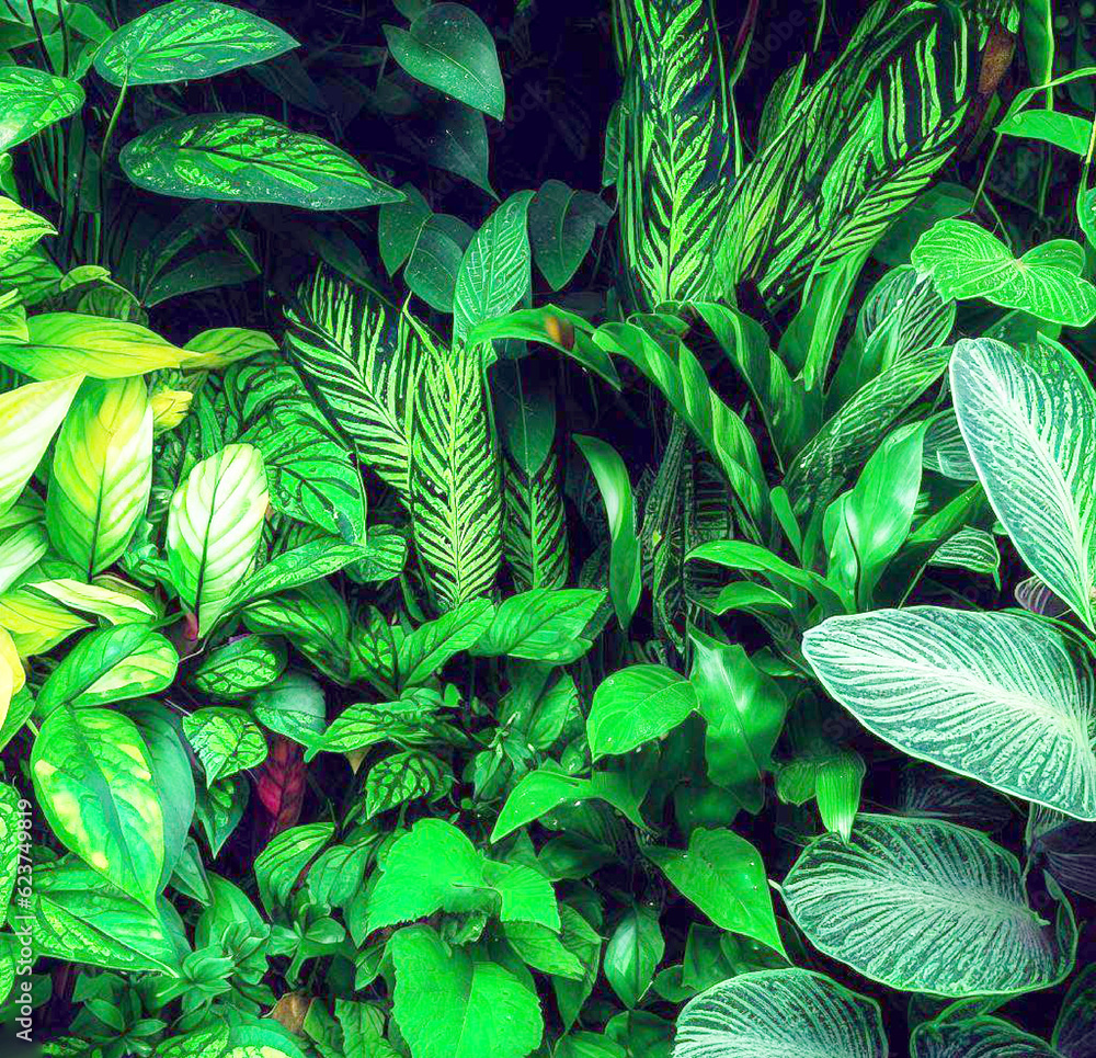 Green and variegated leaves of tropical foliage plants bush with ...