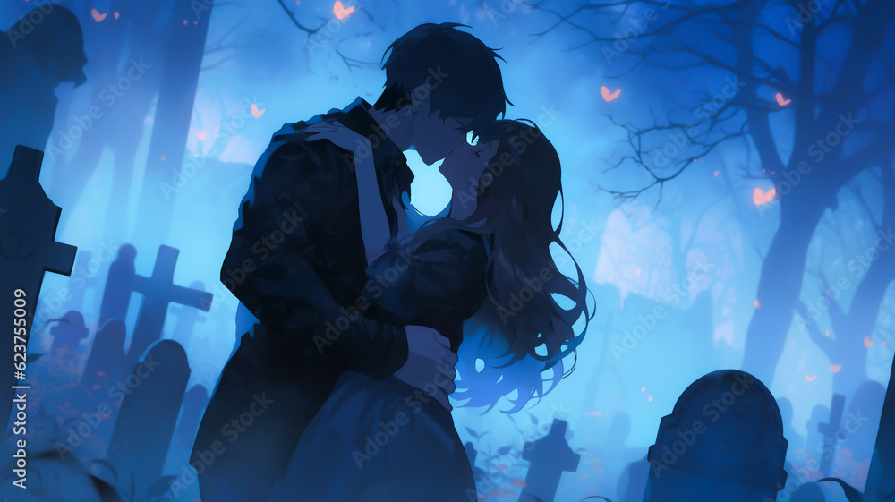 Scary and romantic scene, a ghost couple sharing a kiss, cute and ...