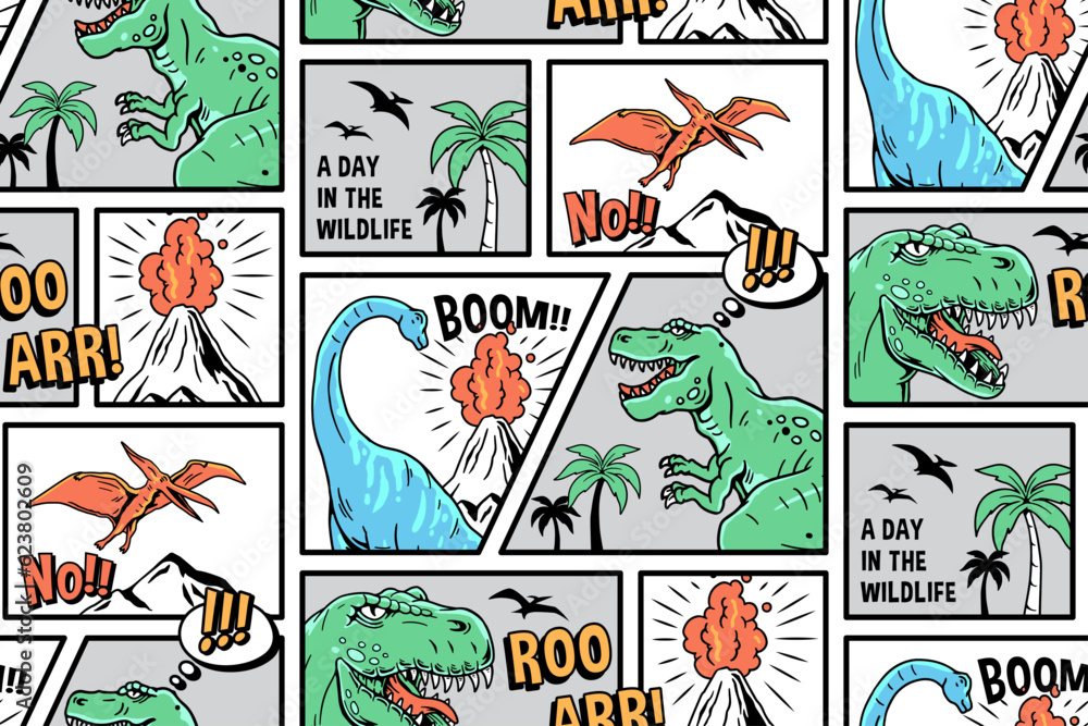 Vector comic style dinosaur seamless pattern. Pattern with ...