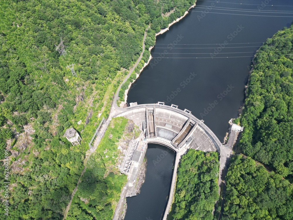 Barrage Du Chastang hydro-electric dam EDF France overhead birds eye ...