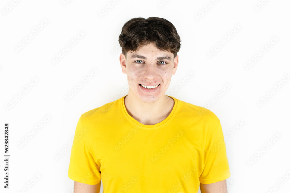 Concept of skin care for teenagers. A teenage boy with pimples and ...