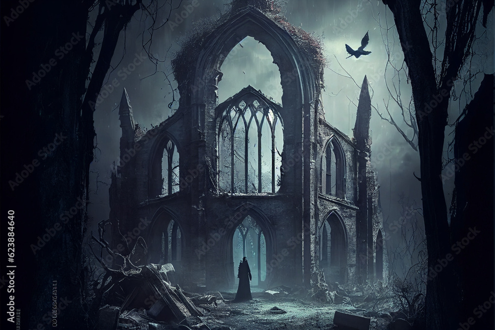 Halloween concept with old gothic castle in a gloomy night, haunted ...
