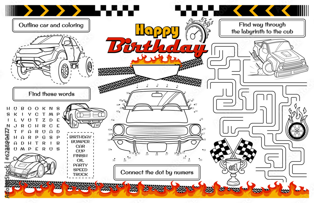 Festive placemat for children. Print out a car-themed "Happy Birthday ...