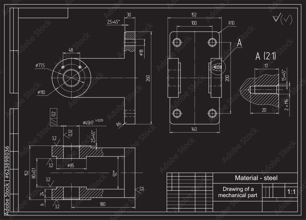 Vector drawing of a steel mechanical part with through holes ...