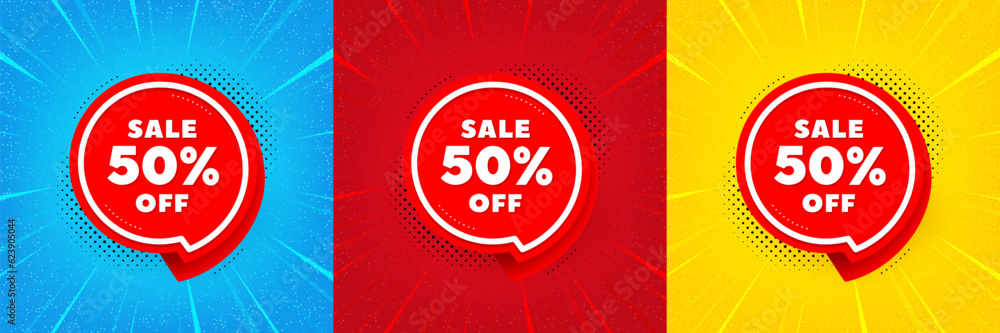 Sale 50 percent off sticker. Sunburst offer banner, flyer or poster ...