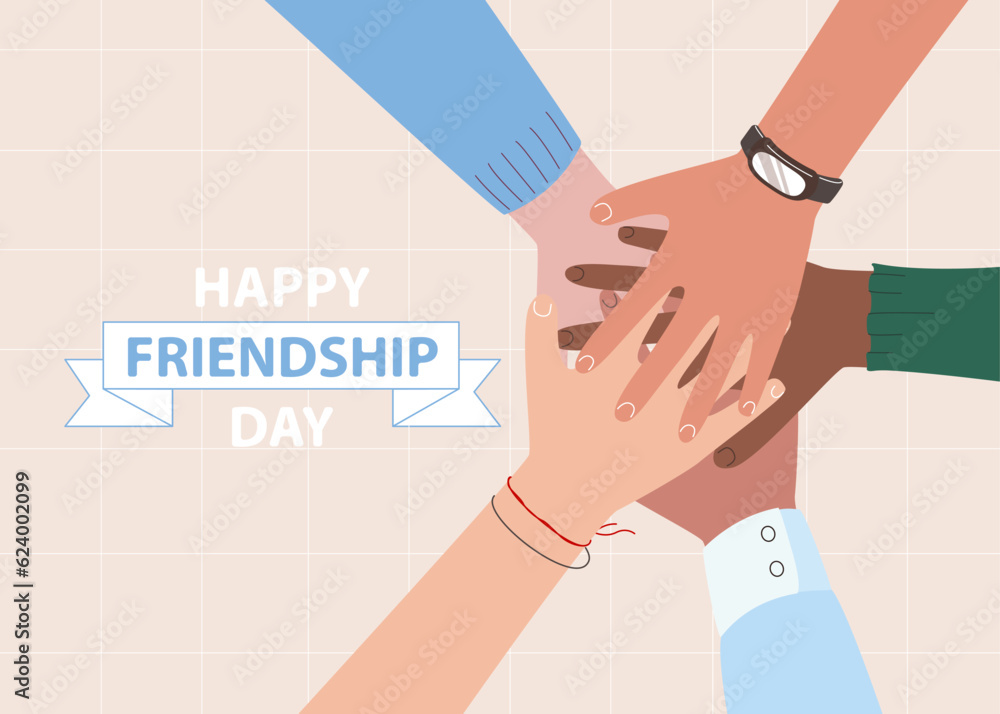 Happy Friendship Day illustration banner. Friends with stack of hands ...
