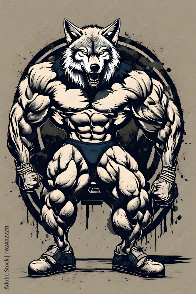 Cartoon illustration on a wolf head with bodybuilders body. (AI ...
