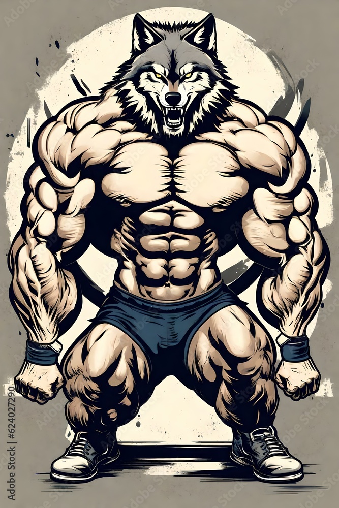 Ilustração Cartoon illustration on a wolf head with bodybuilders body ...
