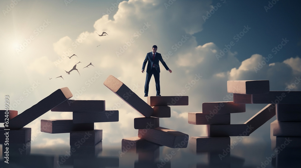 Silhouette man pushing rectangle block which falling to stop dominos ...