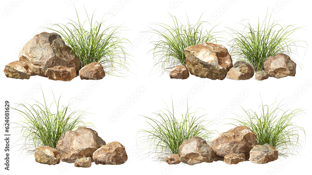 Isolate various rock and grass composition landscape on transparent ...