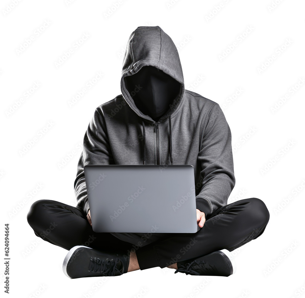 Hacker with laptop png, transparent background, isolated on white background, hacking and cyber ...