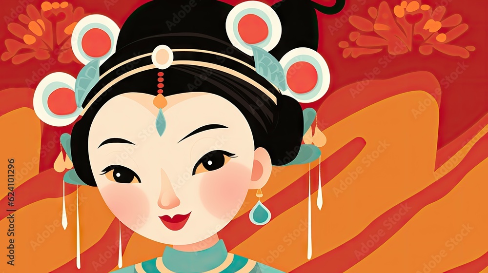 Happy smiling Asian princess cartoon character fairytale in 2D flat ...