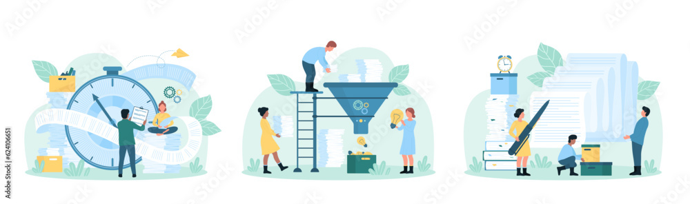 Paperwork set vector illustration. Cartoon tiny people work with ...