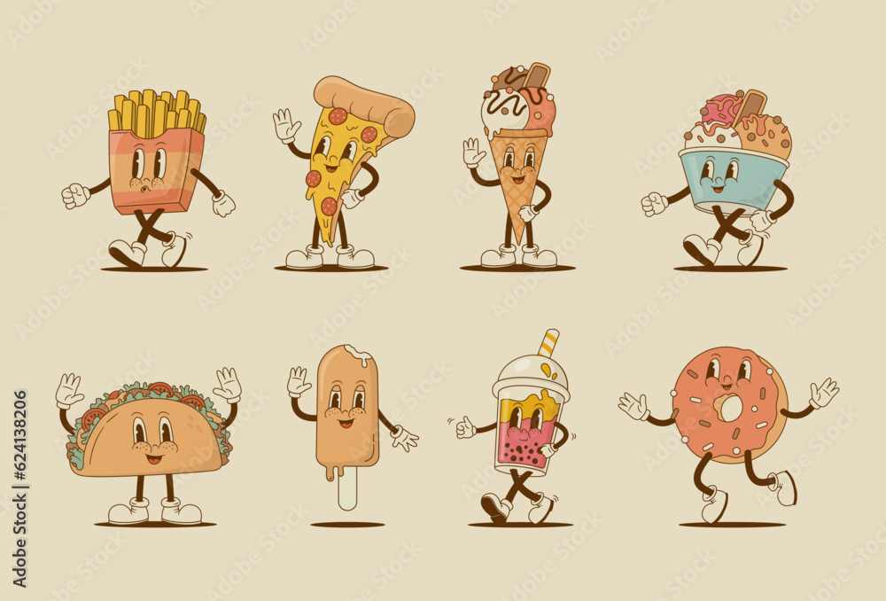 Set of retro 70s cartoon funny characters. Pizza, taco, ice cream ...