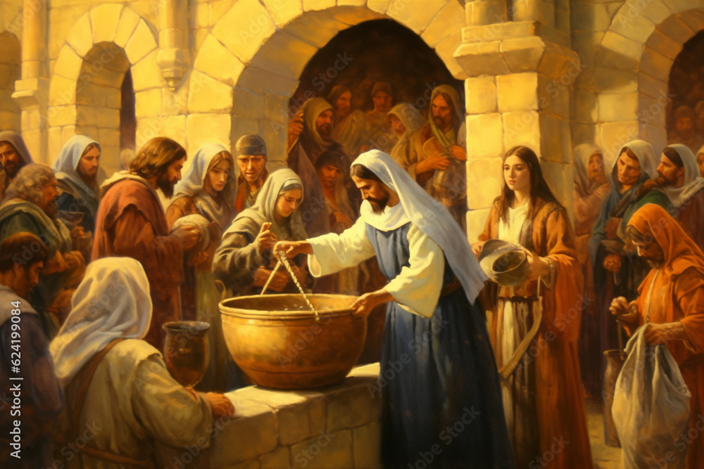 Jesus Christ turns water into wine. Religion Bible. History. During a ...