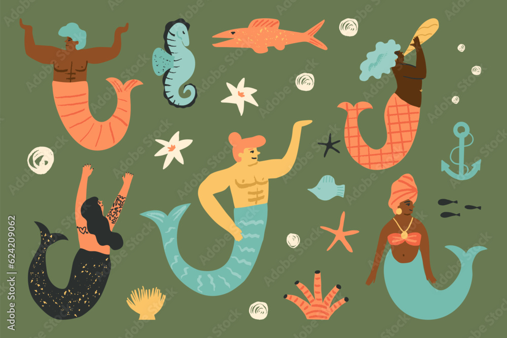 Diversity Mermaids and Merman set, underwater animals, fish. African ...