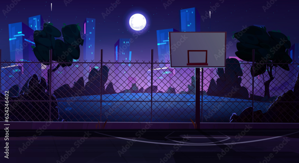 Night street basketball court cartoon background. School outdoor ...