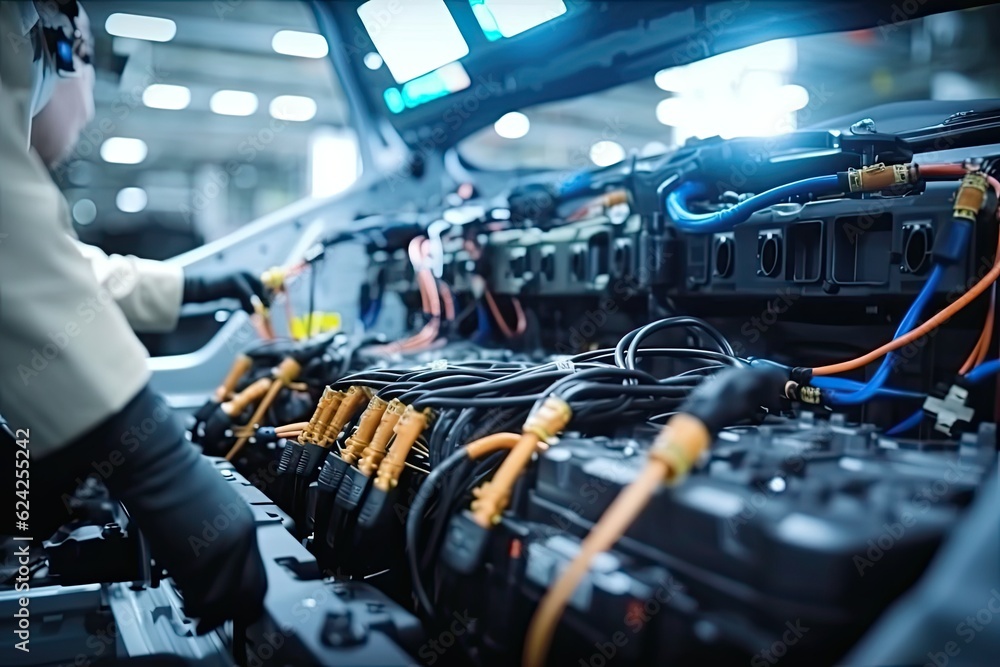 Orange Robotic arm manufacturing Electric vehicle battery at a giga ...